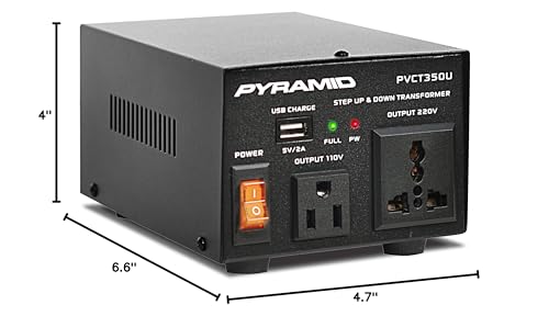 Pyramid Step Up and Down Converter -350 Watt Voltage Converter Transformer w/ USB Charging Port, UK Power Adapter, AC 110 / 120 to 220 / 240 Volt Vice Versa, 110V/120V/220V/240V Input Voltage PVCT350U