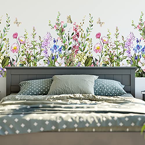 Colorful Flowers Wall Stickers, ULENDIS Peel and Stick Green Plants Flower Grass Butterfly Wall Decals, DIY Removable Wall Art Sticker Decals Decor for Kids Babys Bedroom Living Room Nursery
