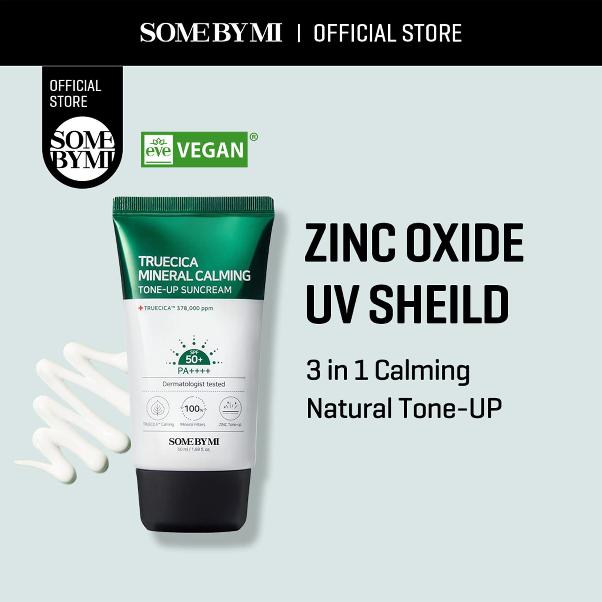 SOME BY MI Truecica Mineral Calming Tone-Up Suncream / SPF50+, PA++++ / 1.69Oz, 50ml / Brightening and Calming Effect/Mild Sun and UV Protection Sunscreen for Sensitive Skin