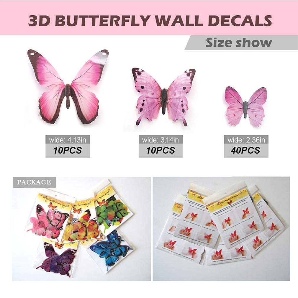 60pcs Butterfly Wall Decor, Plastic Fake Butterflies Wall Art Artware Decorations for Birthday Wedding Christmas Party Decorations, Cake Decorations, Removable Stickers