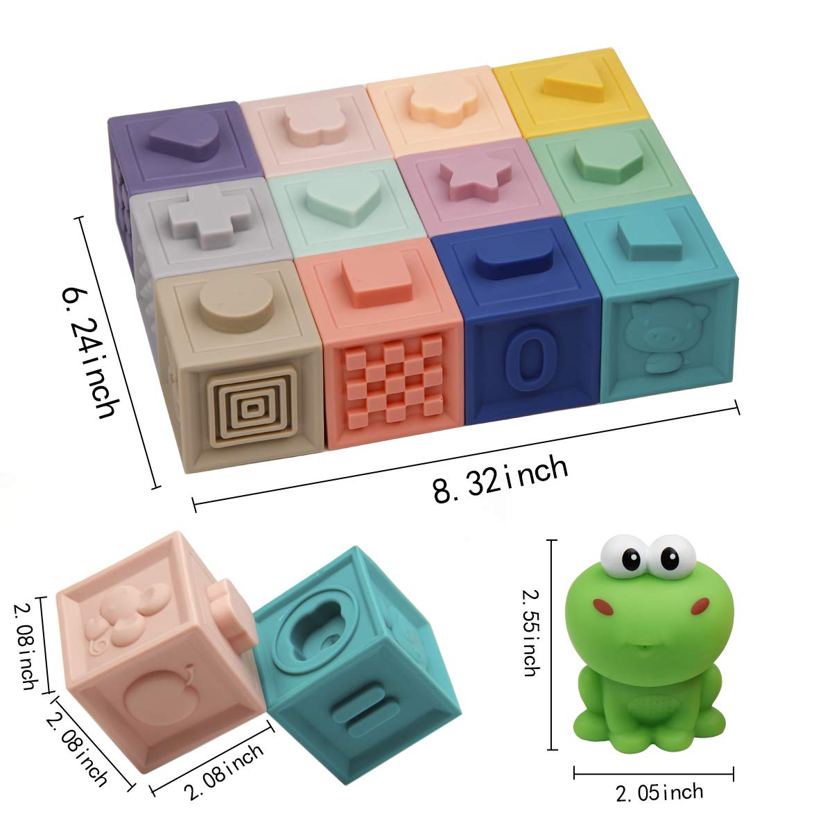 15PCS Baby Blocks Soft Building Blocks Baby Stacking Blocks Teething Toys 3 Water Bath Animals Teether Toy Educational Squeeze Play with Numbers Animals Fruit Shapes Textures Infant Toddlers 6 Months