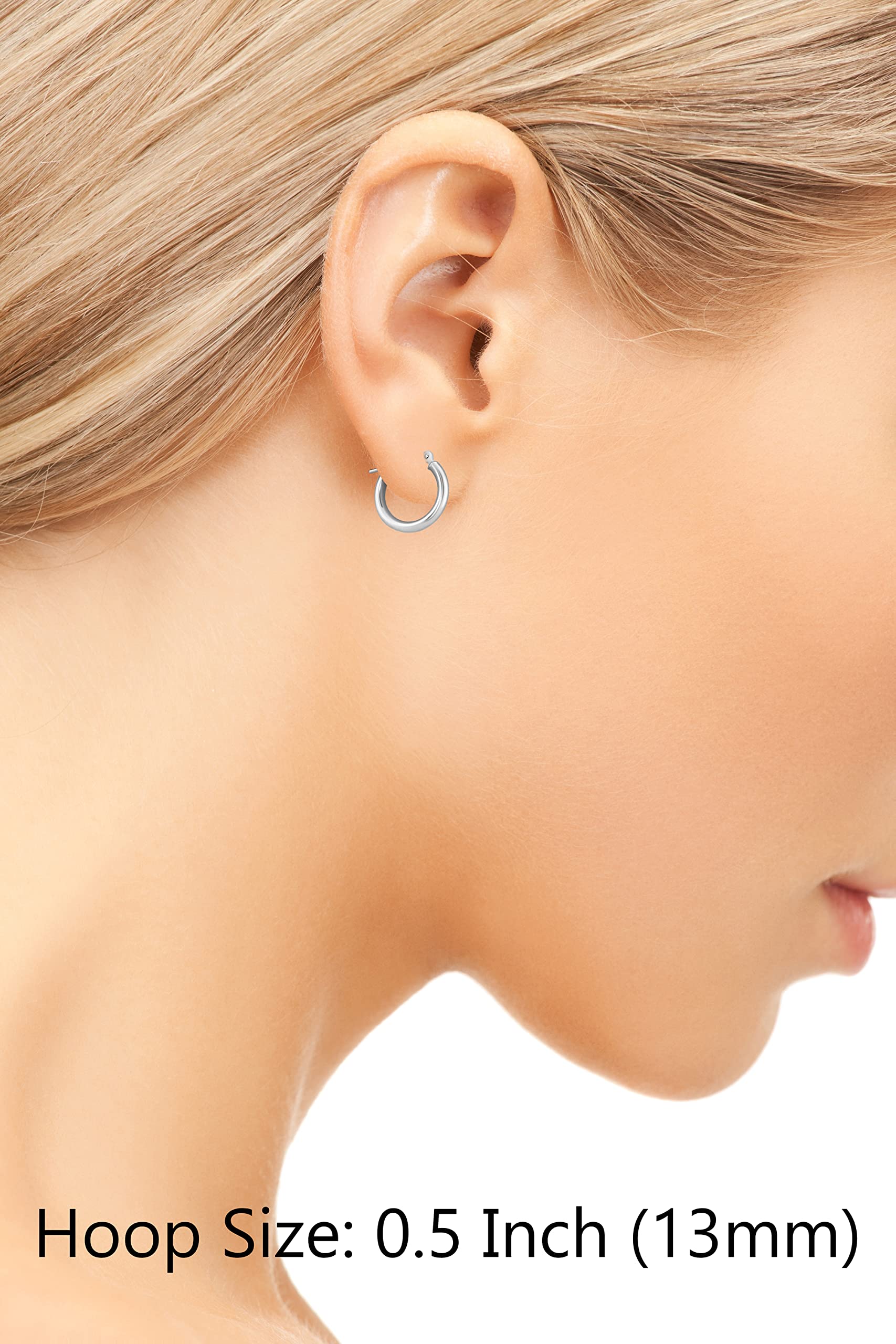 14k White Gold Polished Real Gold Hoop Earrings, Plain Round Gold Hoops, 14 Karat Real Gold 13mm (0.5 inch)