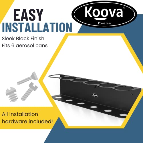 Koova 6 Aerosol Spray Can Holder | Easy Install Wall Mount | Heavy-Duty Powder Coated Steel Storage Rack for Garage & Home | Craft Workspace Paint Bottle Organizer | Hardware Included | USA Made