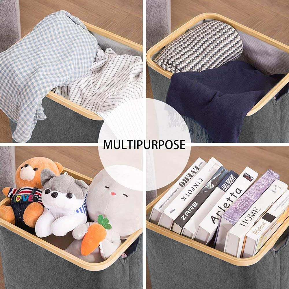Mindore Laundry Hamper with Lid,60L Collapsible Laundry Basket with Bamboo Handles,Portable Clothes Hamper for Dorm Room, Bathroom, Bedroom,Grey Foldable Hamper for Toys, Closet, Clothing