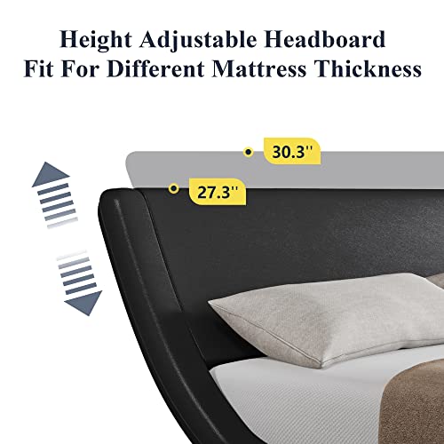 Allewie King Size Upholstered Platform Bed Frame with Ergonomic & Adjustable Headboard, Low Profile Sleigh Design for Elegant Bedroom - No Box Spring Needed, Easy Assembly, Black
