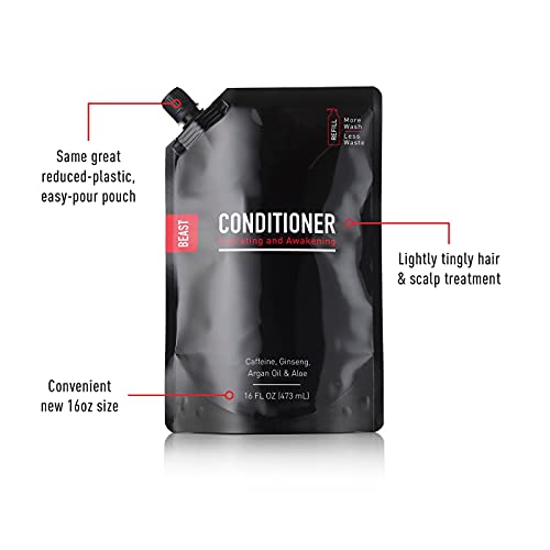 Beast Caffeine Conditioner Refill Pouch, 16oz - Hydrating & Awakening with Ginseng, Argan Oil, Vitamin B, Green Tea, Eucalyptus Pomegranate Oils, Aloe (16 oz)
