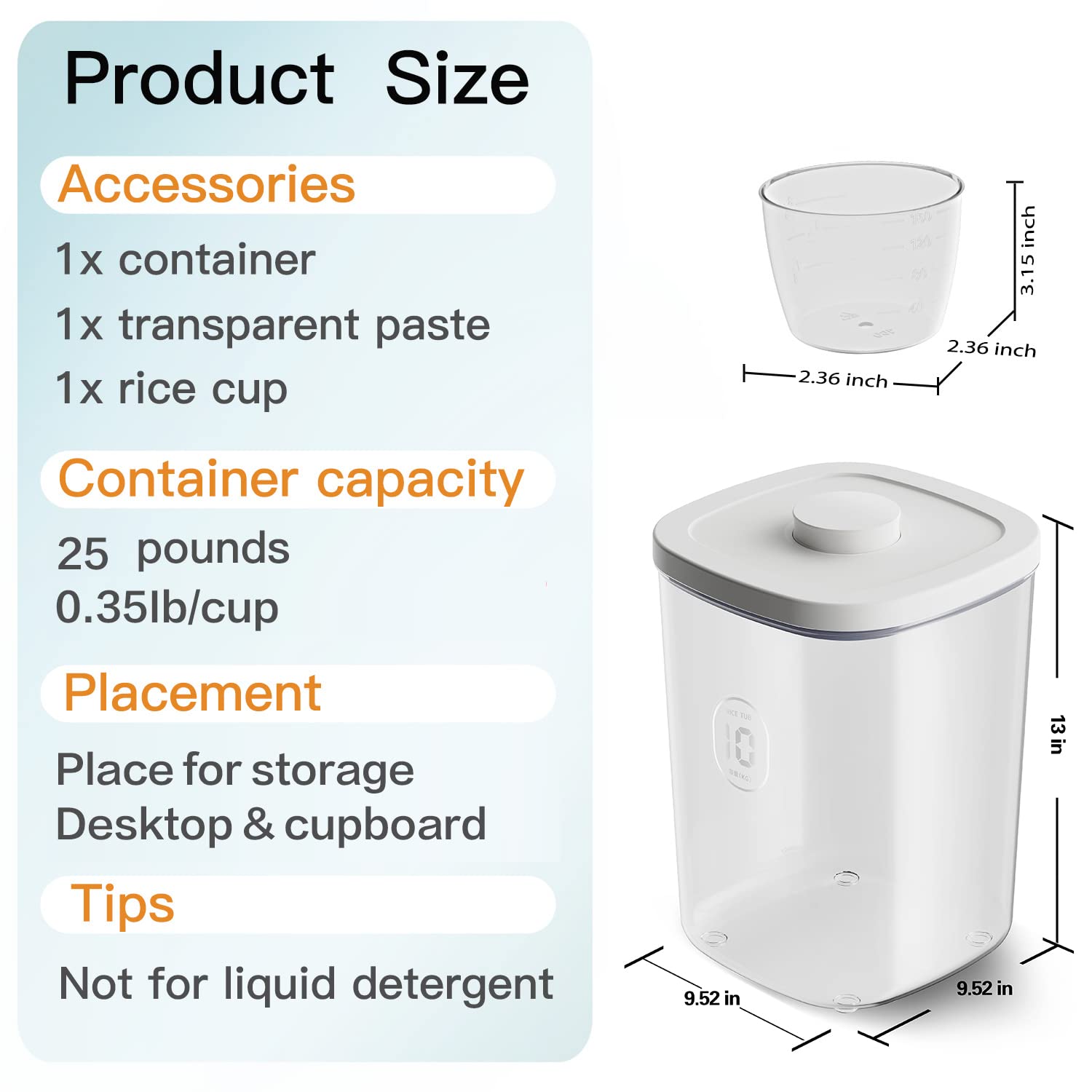 LivLab 20-25 lbs Rice Dispenser,10.5 Qt/10 L/22-25 lbs Rice Container Storage with Measuring Cup & Brush Food Cereal Container Bins Household for Kitchen Pantry Organization (AY-10KG-WHITE)