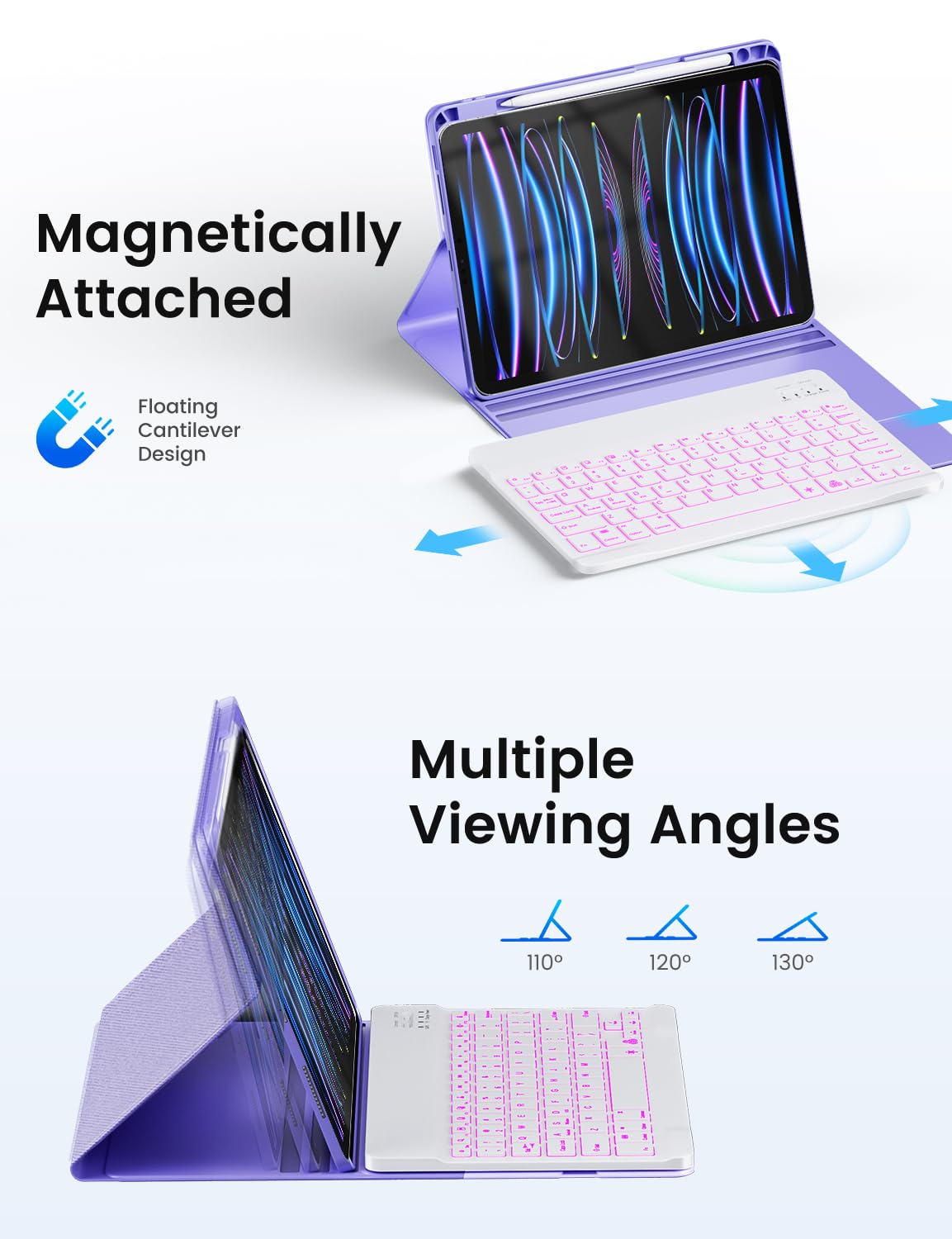 OYEEICE Keyboard Case for iPad Air 11 inch (M2 2024)/10.9 inch Air 5th/4th Gen/iPad Pro 11 1st/2nd/3rd Gen - 7-Color Backlit Detachable Keyboard, Folio Cover with Pencil Holder - Purple