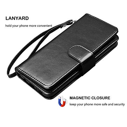 NJJEX Compatible with iPhone 12 Mini Case/iPhone 12 Mini Wallet Case 5.4" (2020), [9 Card Slots] PU Leather ID Credit Holder Folio Flip [Detachable] Kickstand Magnetic Phone Cover & Lanyard [Black]