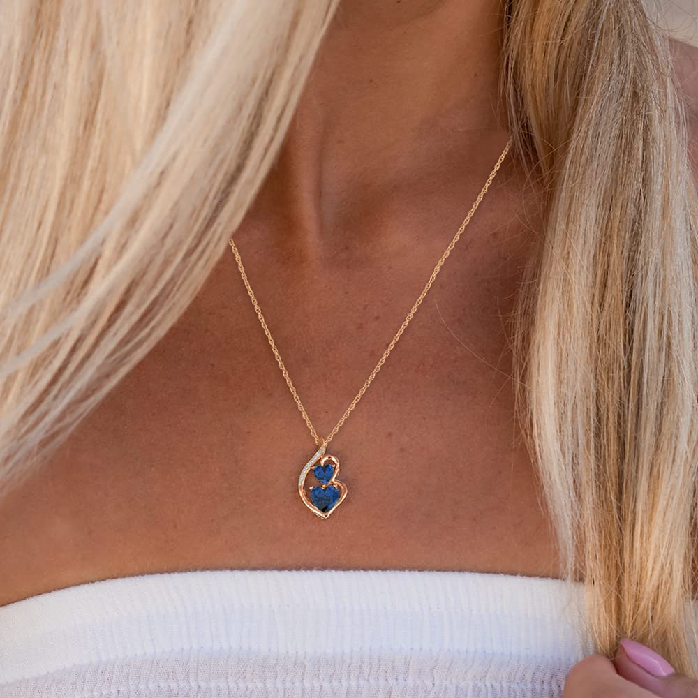 10kt Rose Gold Lab Created Blue Sapphire Heart Necklace Diamond Accent - 18 Inch Chain