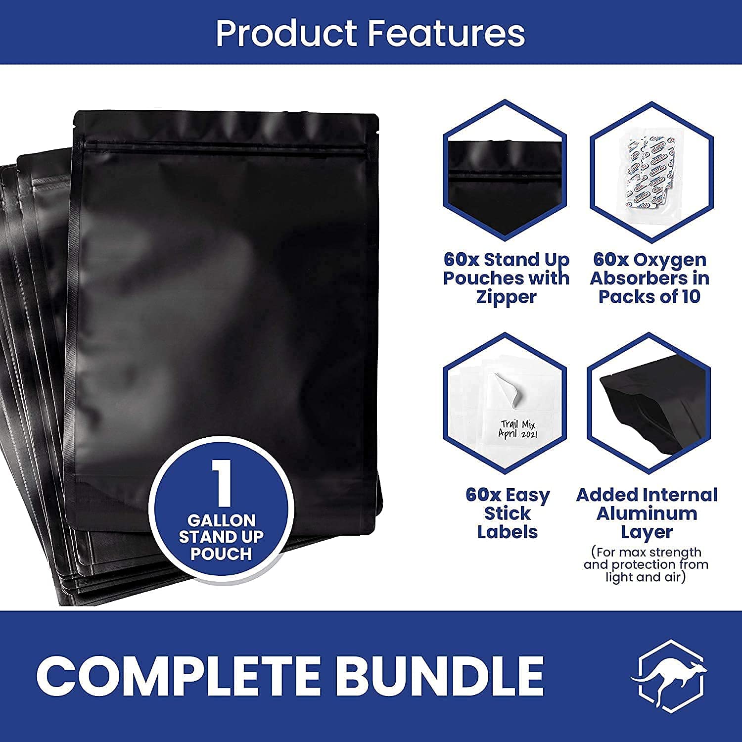 15x Silver 5 Gallon Wallaby Mylar Bag - (5 Mil) + 60 Black Mylar Bag Bundle - 1 Gallon Stand-Up Zipper Pouches - (7.5 Mil-10ββx14ββ), Oxygen Absorbers, Labels - Resealable Zipper, Heat Seal, FDA Grade