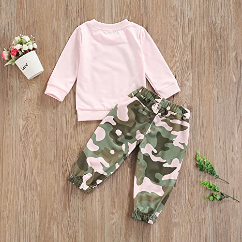 Mandizy Kids Toddler Girl Spring Fall Outfits Blessed Letter Print Long Sleeve Sweatshirt Tops and Camouflage Pants Clothes Set (Pink, 3-4T)
