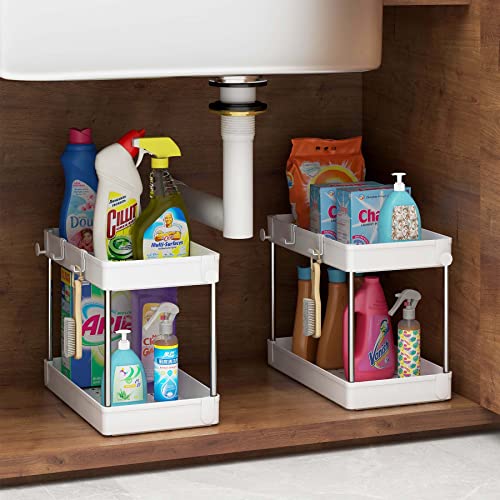 2 Pack Under Sink Organizer,2 Tier Under Sink Organizers And Storage For Kitchen Bathroom,Under Sink Cabinet Organizer,Multi-purpose Stable And Sturdy Cabinet Countertop Organizer,White
