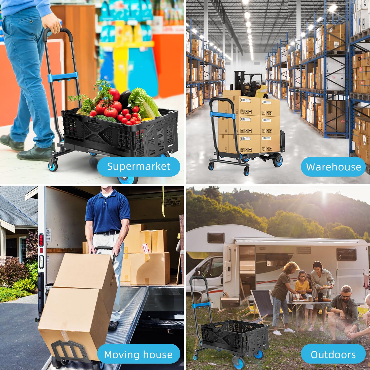 2 in 1 Folding Hand Truck Dolly with Folding Basket, 330LBS Capacity Foldable Dolly with 4 Wheels, Dolly Cart with 3-Gear Retractable Handle, Collapsible Rolling Carts for Moving