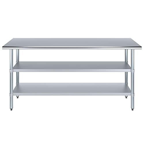 72" Long X 18" Deep Stainless Steel Work Table with 2 Shelves | Metal Food Prep Station | Commercial & Residential NSF Utility Table