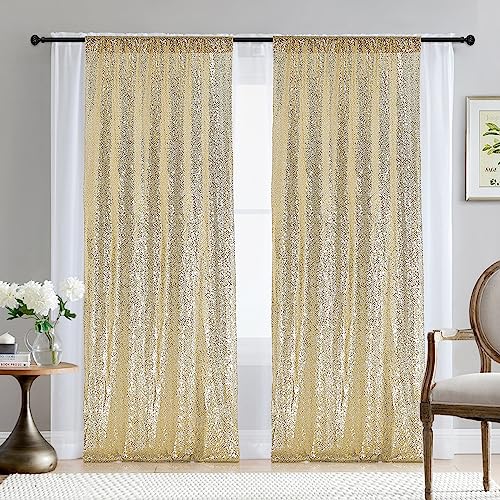 2Ă8FT-2PCS Champagne Gold Sequin Backdrop Curtains Panels, Photography Backdrop Glitter Curtains Fabric Background for Christmas Wedding Party Decor