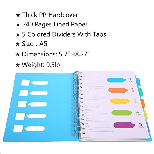 5 Subject Notebook, A5 Notebooks and Journals Spiral Bund, Wide Ruled, Lab Professional Notepad, Colored Dividers With Tabs, 5.7”×8.27”, 240 pages, Hardcover Memo Planner for School Kids Girls Women