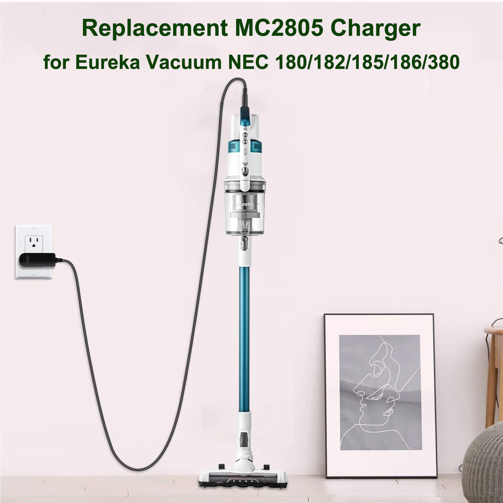 Charger for Eureka MC2805A P0801 RapidClean Pro/Stylus Lightweight Cordless Vacuum Cleaner NEC180 NEC182 NEC185 NEC186 NEC380 NEW400 Replacement Eureka Vacuum MC2805A Charger Cord