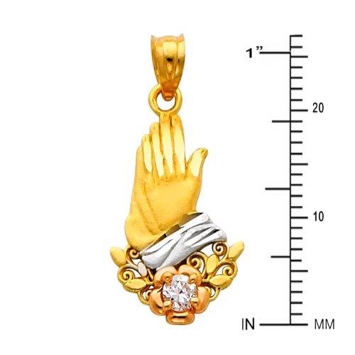 14k REAL Tri Color Gold Religious Praying Hands CZ Charm Pendant