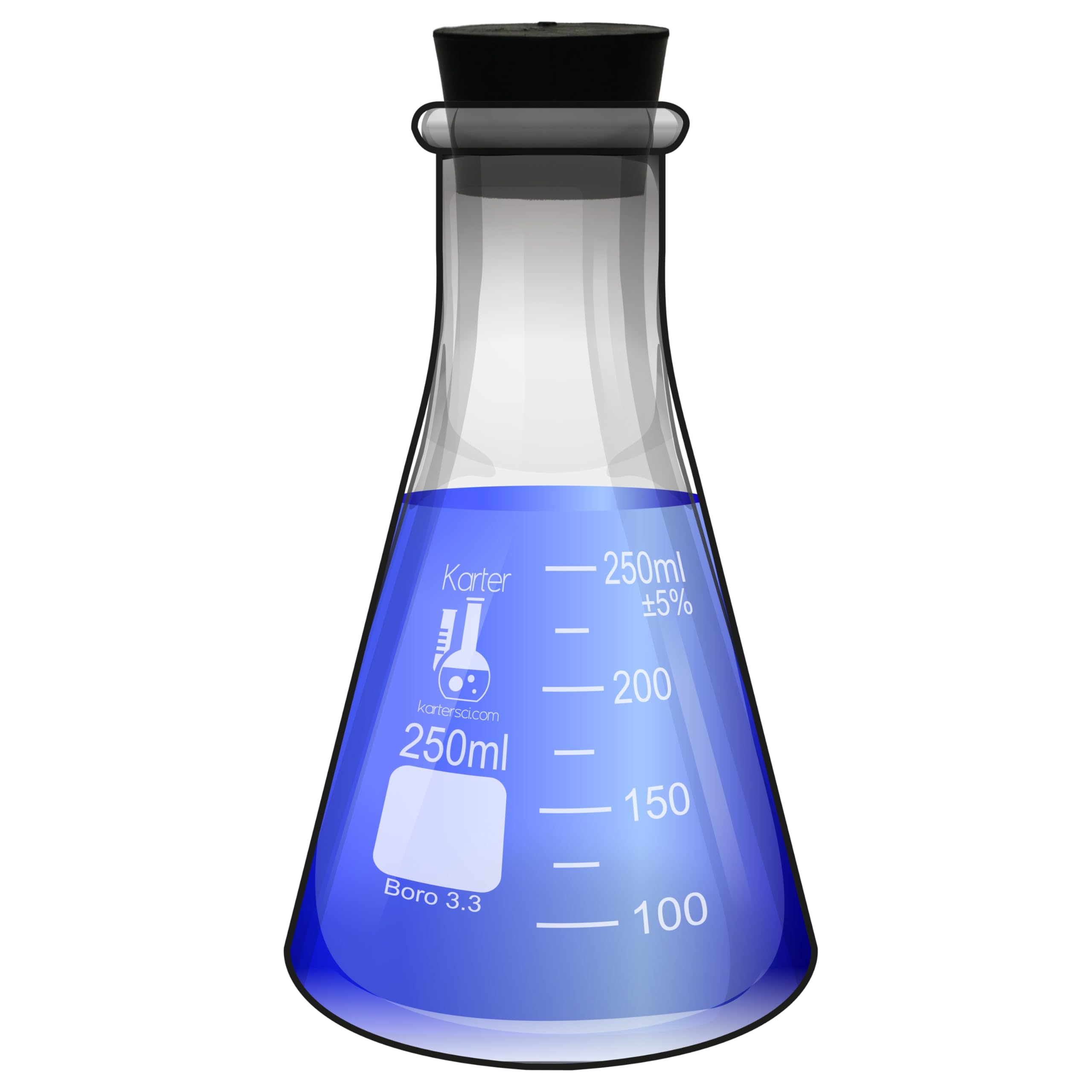 250ml Narrow Mouth Erlenmeyer Flask with Rubber Stopper, 3.3 Borosilicate Glass, Karter Scientific (Single)