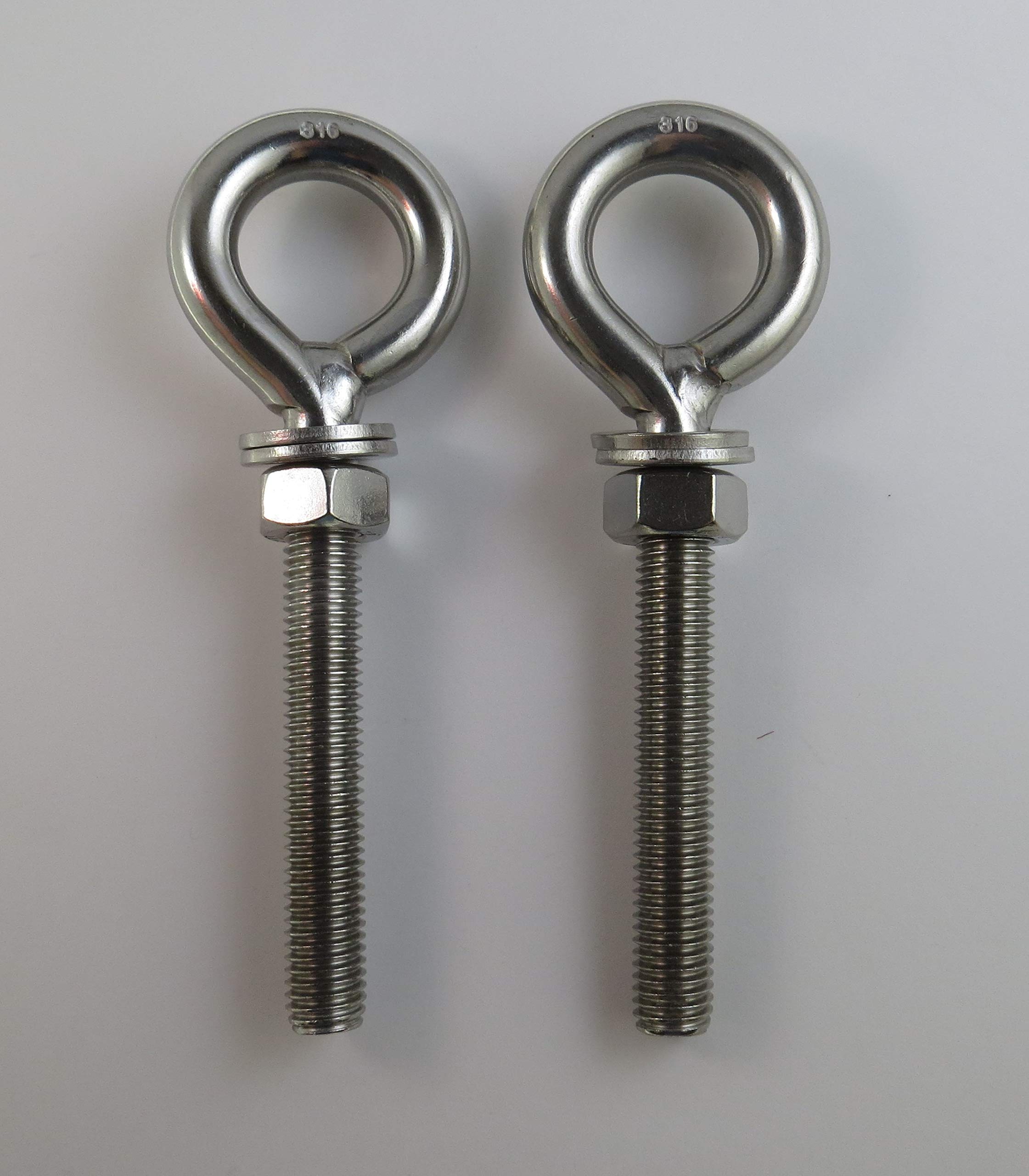 US Stainless 2 Pieces Stainless Steel 316 M12 Eye Bolt 12mm x 80mm (1/2" x 3 3/16") Marine Grade Pitch of 1.75