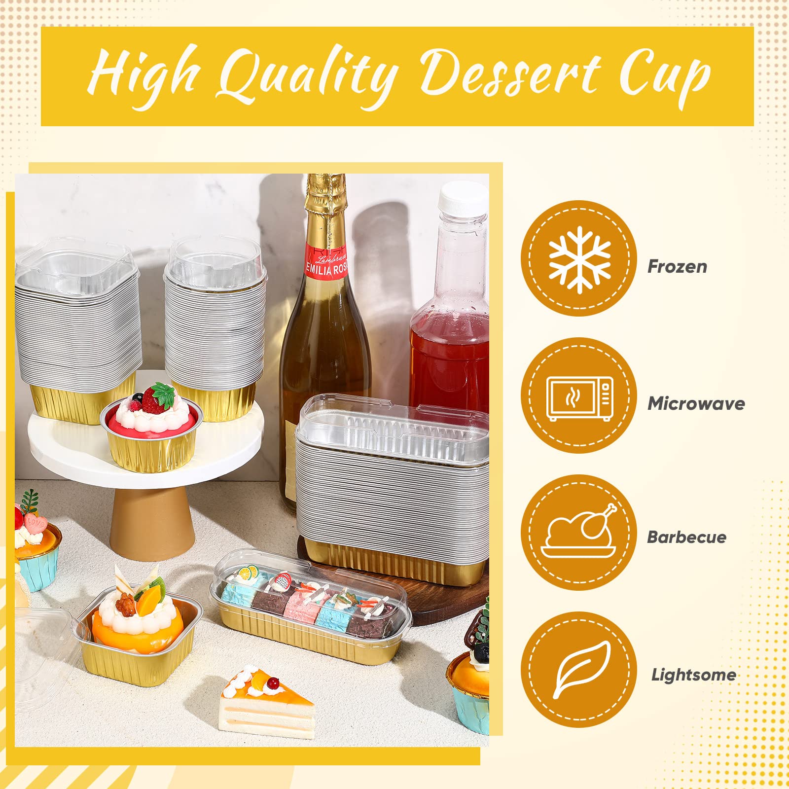 150 Pcs Mini Cake Pans with Lids Disposable Ramekins 6.8 oz 5 oz Aluminum Foil Cupcake Baking Cups, Rectangle Round Square Cupcake Liners Cake Tins for Flan Muffin Dessert Party Favors, Gold