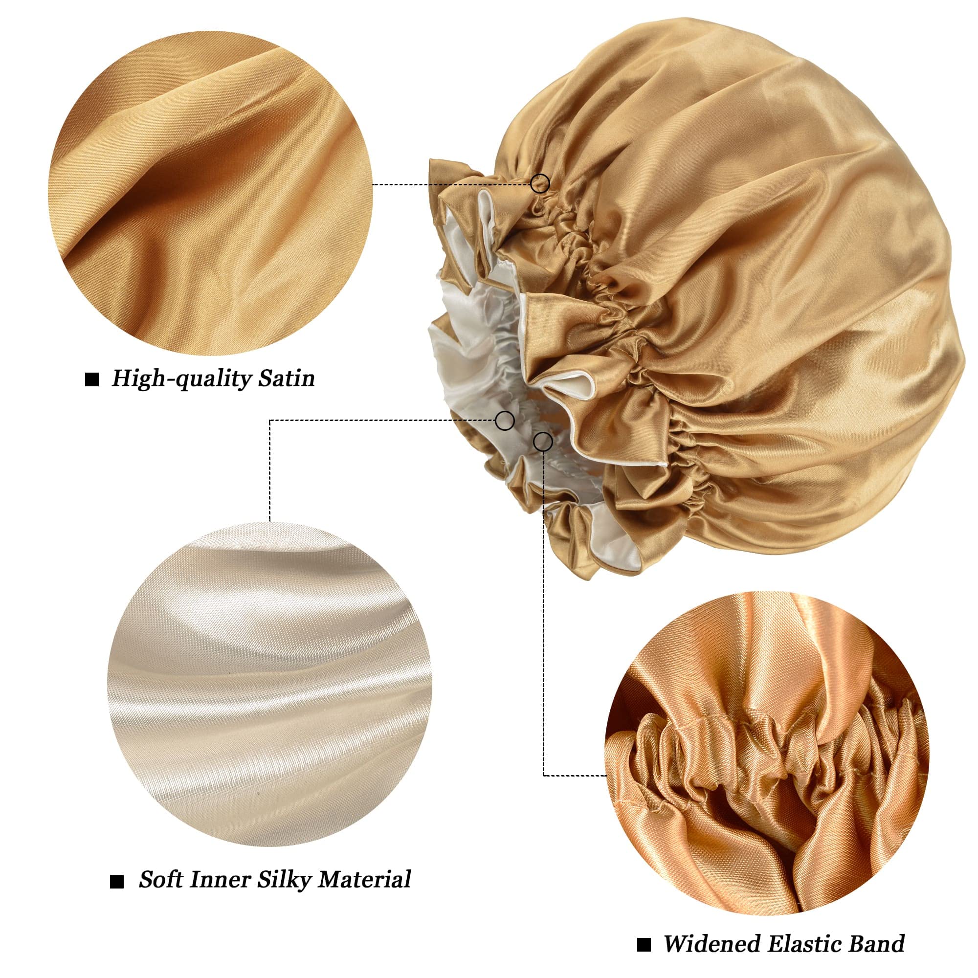COOLCHI 2 Pieces Satin Bonnet Cap Elastic Double-Layer Silk Sleeping Head Cover for Women Adjustable Lined Hair Wrap for Long Curly Hair (Khaki+Purple)