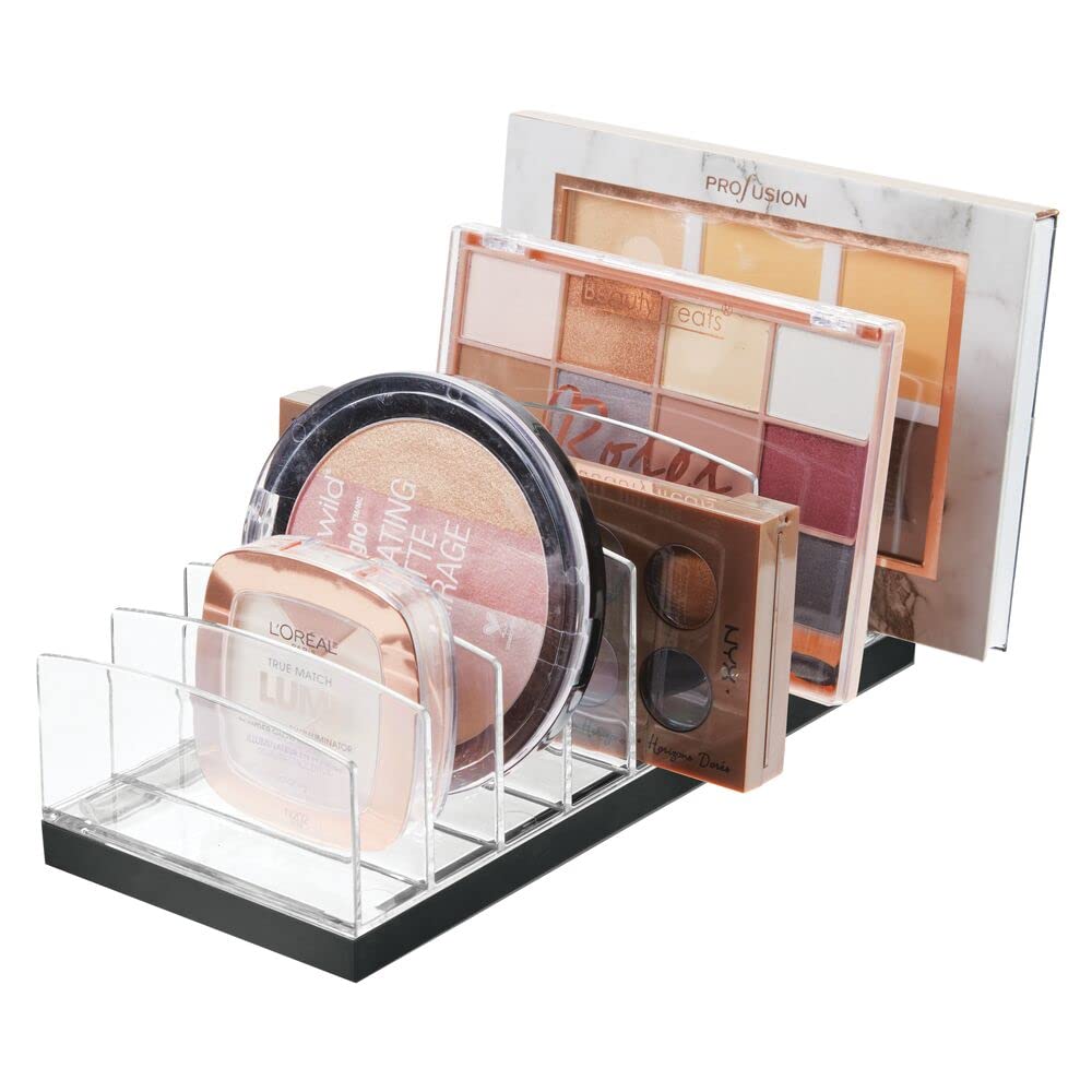mDesign Plastic Divided Cosmetic Palette Organizer with 9 Sections - Makeup Storage for Bathroom Vanity, Cabinet, Drawer - Holds Eyeshadow, Blush, Powder - Lumiere Collection - Clear/Black