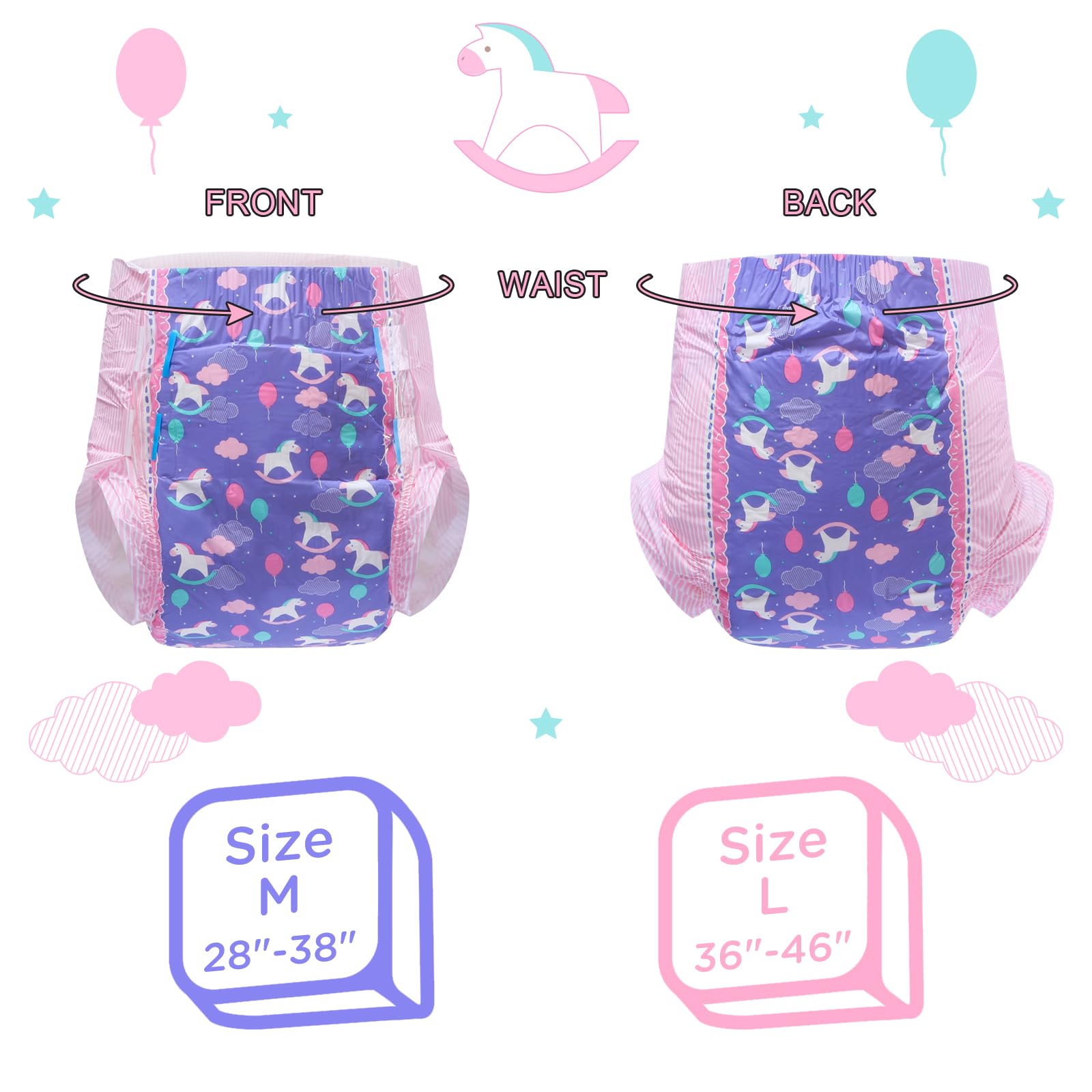 Littleforbig Adult Printed Diaper 40 Pieces (4 Packs) - Little Fantasy (Medium 28"-38")