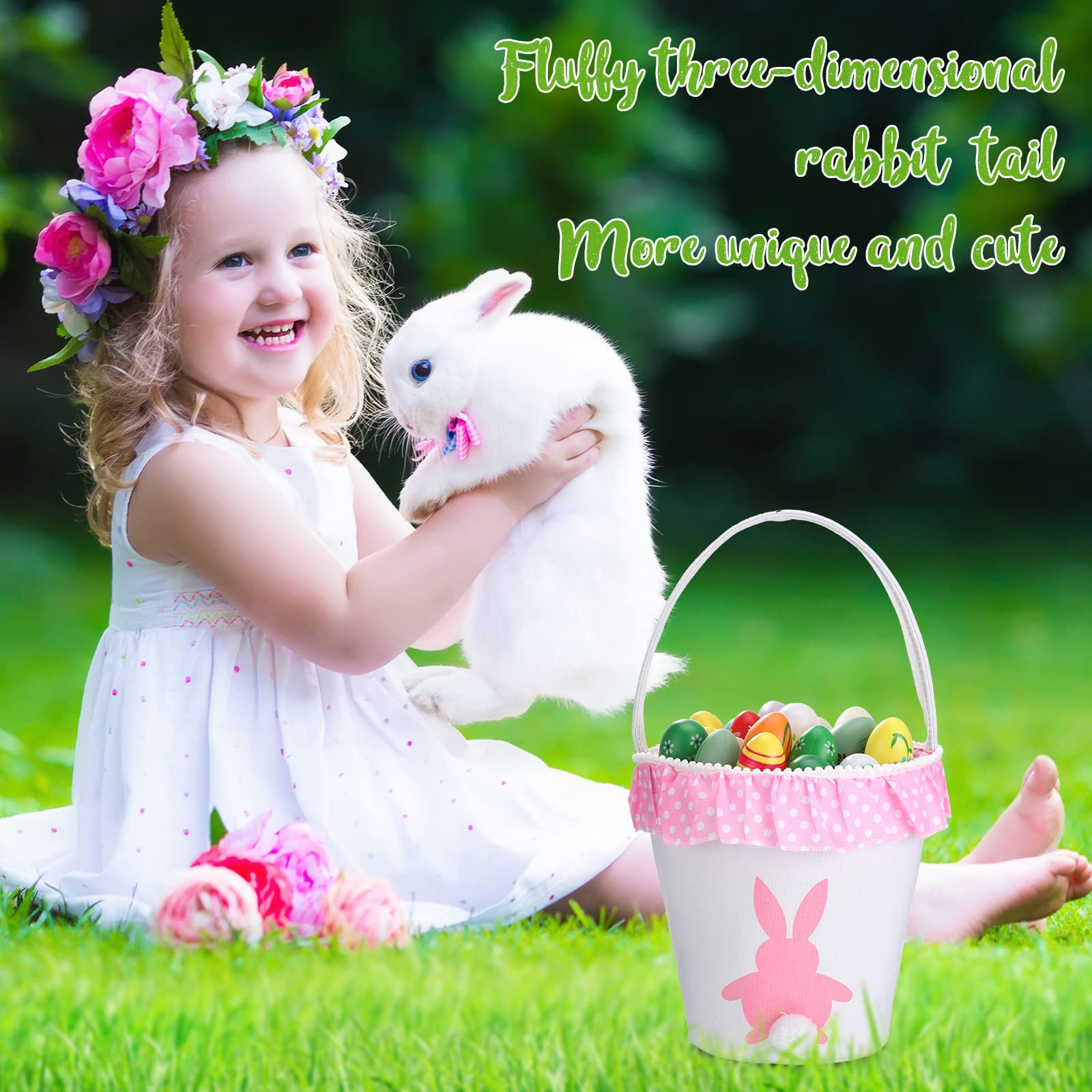 4 Pieces Canvas Easter Basket Bunny Easter Baskets for Kids Candy Egg Bags Fluffy Tails Printed Easter Bucket Cute Personalized Kids Basket Rabbit Bunny Easter Basket Tote for Carrying Presents Eggs