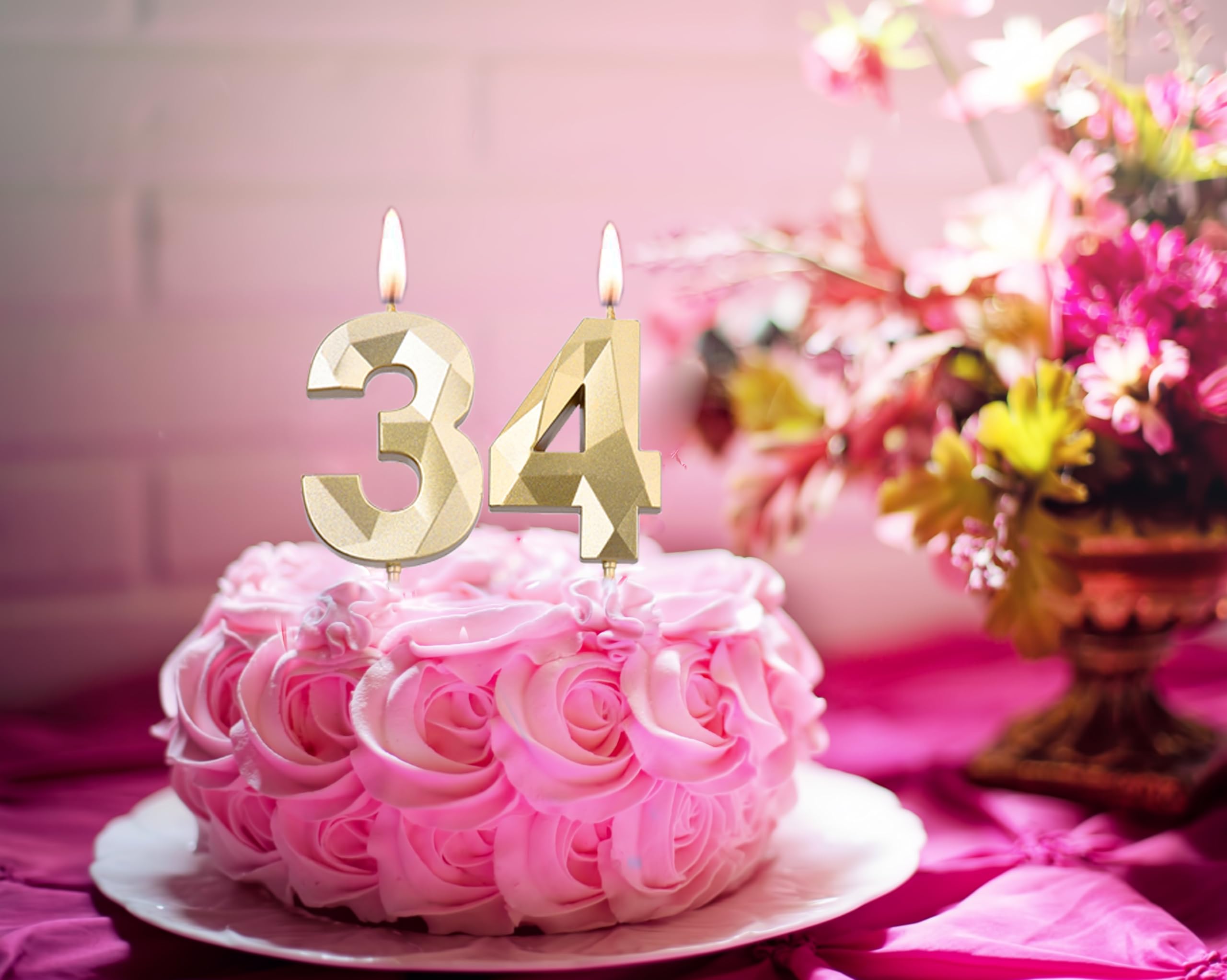 2 inch Gold 34 Birthday Candles, 3D Diamond Number 34th Cake Topper for Boys Girls Birthday Party Decorations Theme Party