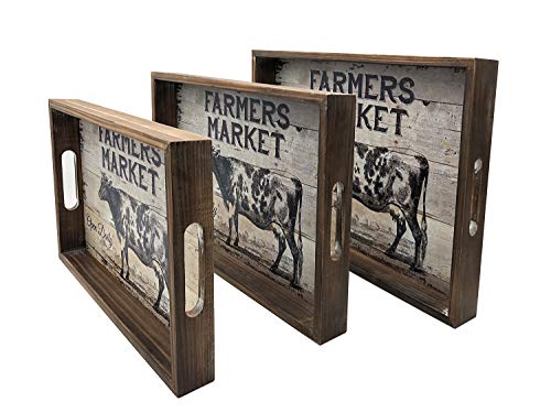 DeliDecor Large Decorative Serving Trays with Handle, Set of 3 Nesting Rustic Wooden Organizer Distressed Farmers Market Farmhouse Decor with Cow Pattern, Coffee Food Platters, Open Daily 17"x12.5"