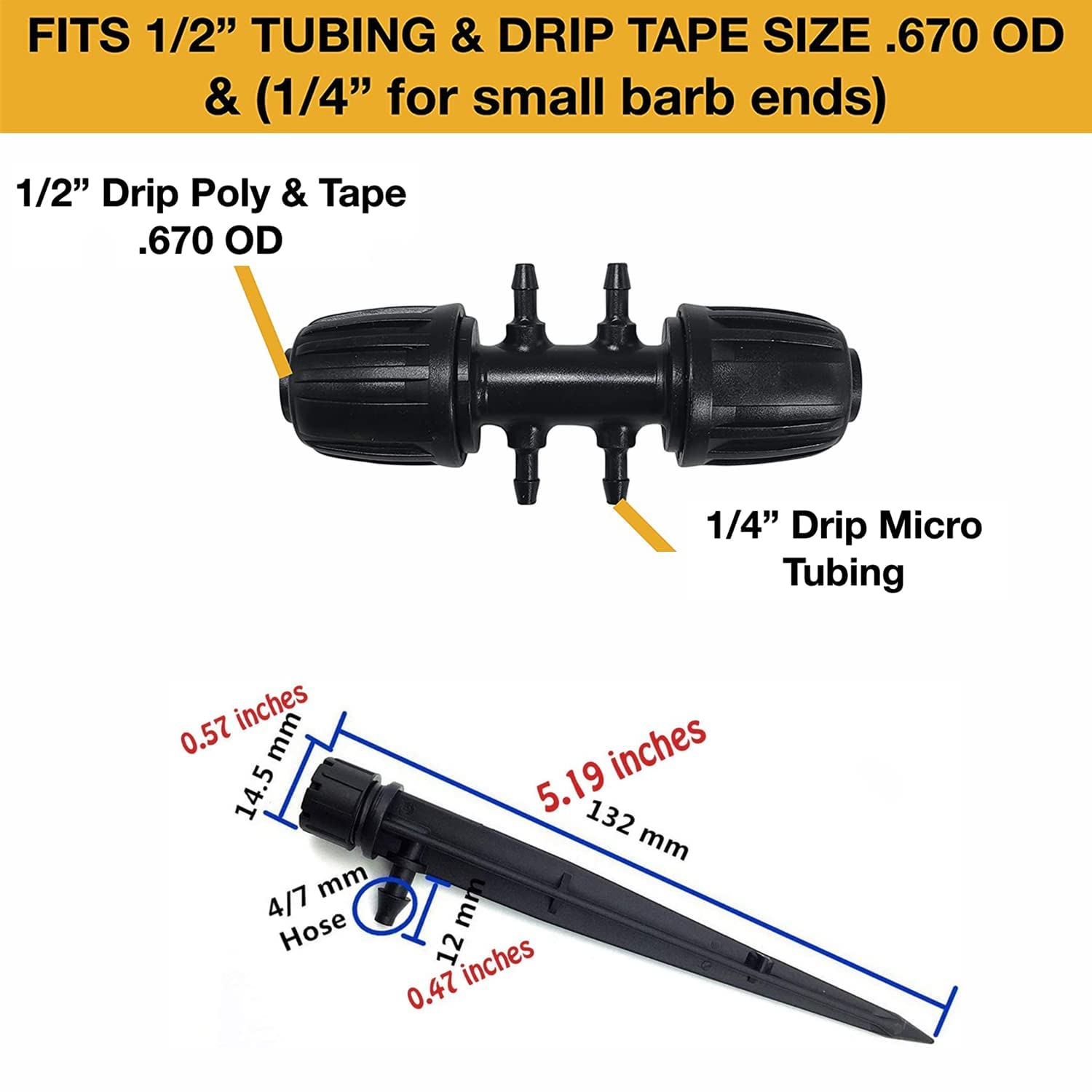 25PCS Drip Irrigation Kits, 5 Barbed Tee 1/2 inch to 1/4 inch Irrigation Tube Variable Diameter Six-Way Adapter and 20 Dripper Emitters Sprayer for 4mm/7mm Hose with Stake Water Flow Adjustable