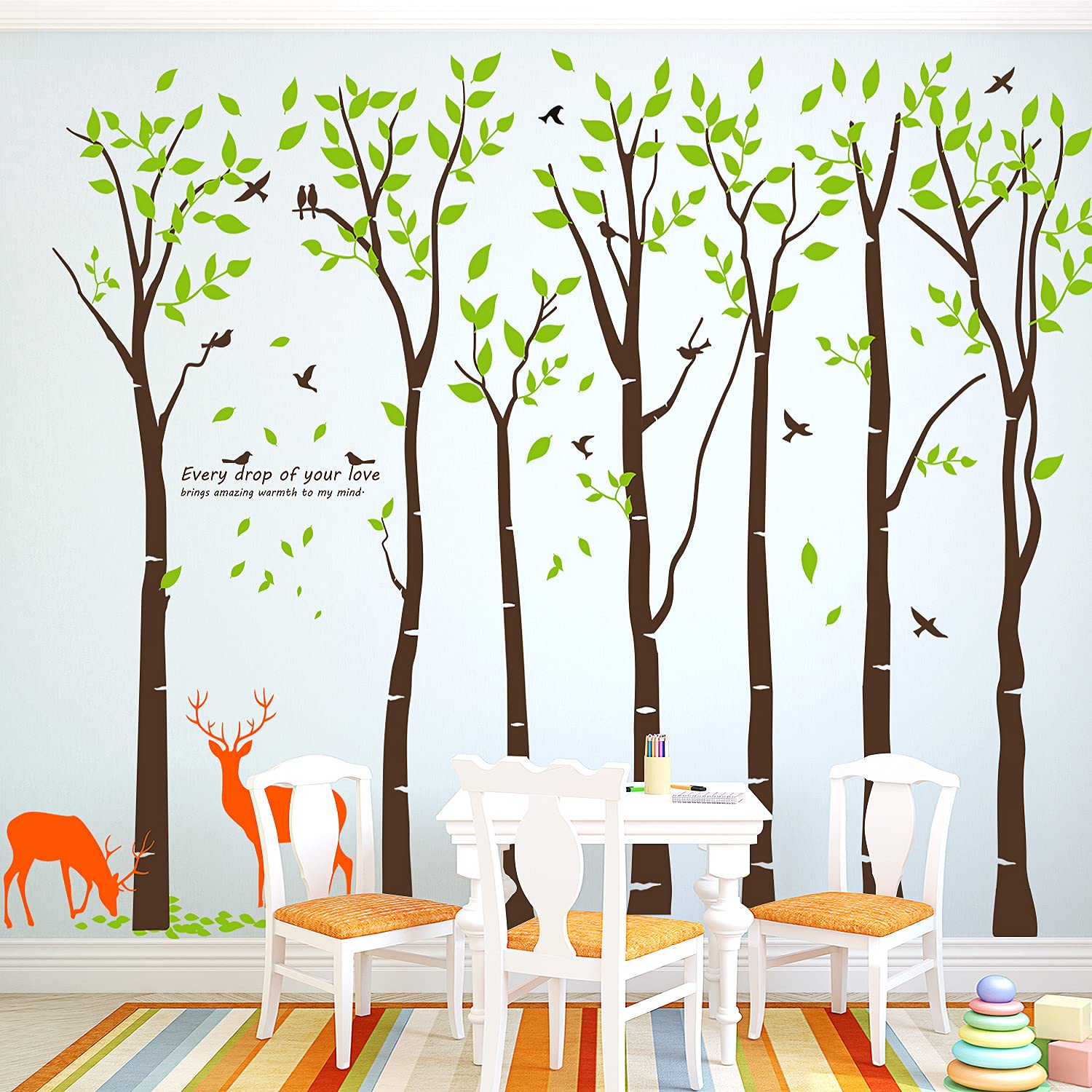 Giant Large Jungle 7 Brown Tree Wall Decal DIY Removable Vinyl Sticker Green Leaf Leaves Birds and Deer Wallpaper for Kids Girl Boy Bedroom Living Room Nursery Rooms Home Offices Walls 118" x 83"