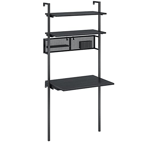 Rolanstar Computer Desk with Shelves, Wall Mounted Desk with Storage Shelf, Industrial Ladder Desk, 3 Tiers Leaning Desk for Small Space, Floating Writing Desk for Home Office, Black