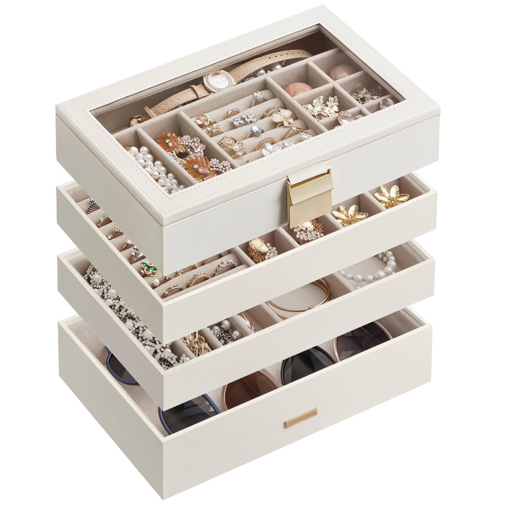 SONGMICS Stackable Jewelry Trays, 4-Tier Jewelry Box, Drawer Jewelry Organizer, with Glass Lid, Removable Dividers, for Vanity Table, 6.7 x 11 x 7.2 Inches, Christmas Gift, Cloud White UJBC164W01