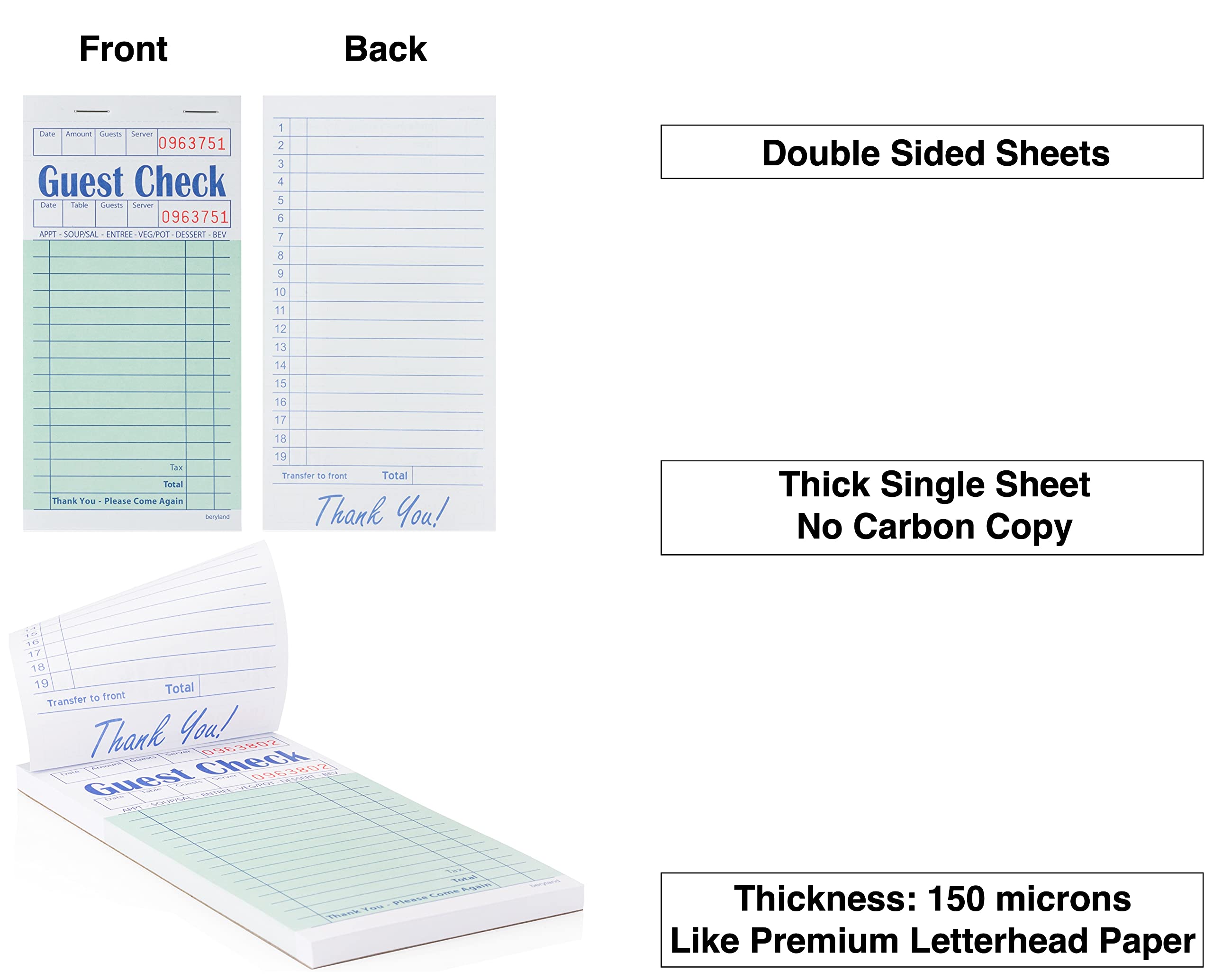 BERYLAND Server Note Pads - Guest Checks - Waitress Notepad, Double Sided, Pack of 10 Pads of 50 Sheets