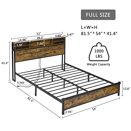 Alohappy Full Size Bed Frame with Led Bookcase Headboard and Charging Station,Metal Platform Bed Frame with RGB Light Strips, Sturdy and No Noise Easy Installation No Box Spring Needed