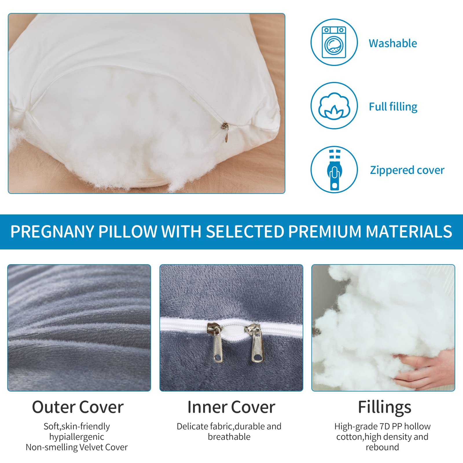 U Shaped Pregnancy Pillows for Sleeping, 57 Inch Maternity Pillow for Pregnant Women with Removable and Washable Velvet Cover, Full Pregnancy Body Pillow Support for Back, Hips, Legs, Belly