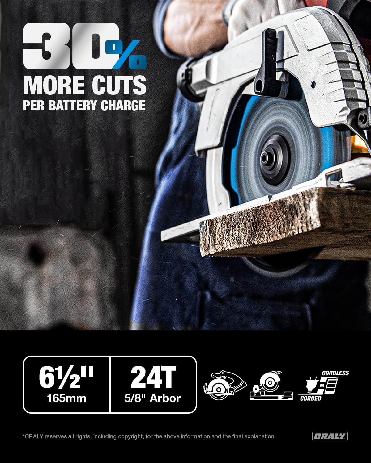 CRALY 6-1/2 Inch 24 Teeth Wood Cutting Framing Circular Saw Blade, 5/8 Inch Arbor, Carbide Tipped, Thin Kerf, Black Ice Coating, for Plywood, MDF, OSB, Laminated(C0624FR)