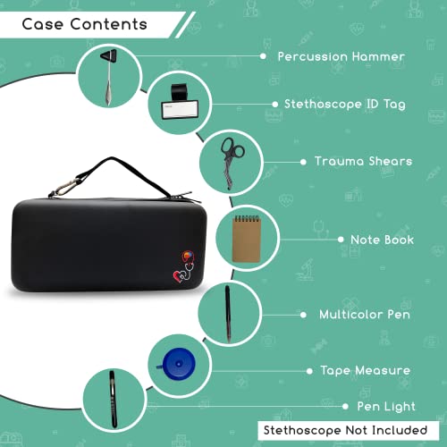 Stethoscope Case with Accessories – Essential School Supplies for Nurses, Medical Assistants – Includes Pen Light, Trauma Shears, Percussion Hammer, Steth ID Tag, Tape Measure, Multicolor Pen (Black)