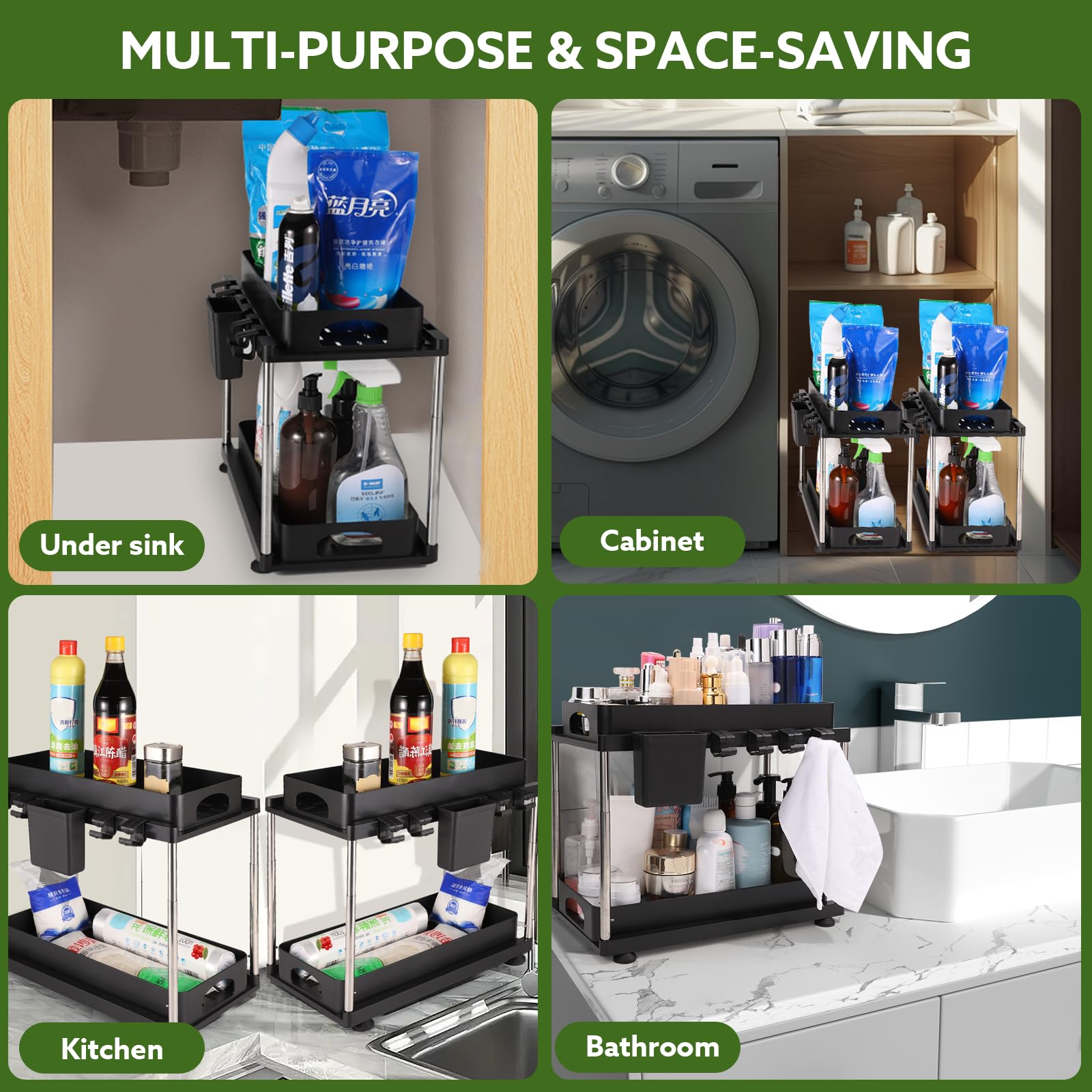 2 Pack Under Sink Organizers and Storage, 2 Tier Double Sliding Bathroom Organizers and Storage with Dividers,Hooks Under Sliding Cabinet Organizer Kitchen Sink Organizer for Kitchen Bathroom
