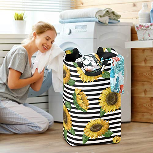 Aflyko Sunflower Black and White Stripes Laundry Basket Foldable Waterproof Laundry Hamper Large Storage Basket with Handles for Bathroom Washhouse Home Decor