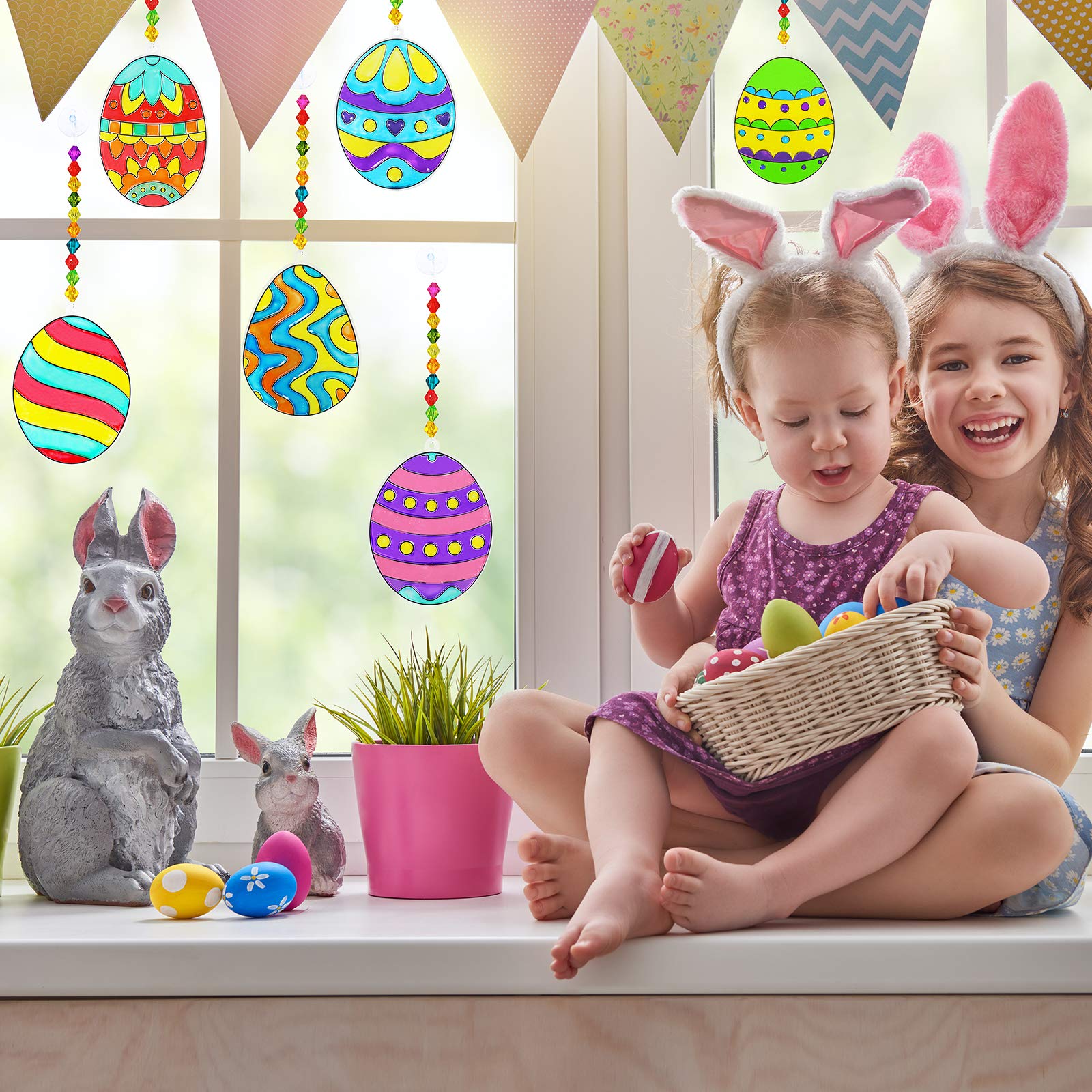 24 Sets Easter Egg Suncatcher Ornaments Decoration DIY Window Paint Art Stickers Craft Kit 8 Designs Easter Egg Suncatchers for Kids Classroom Easter Spring Activity Art Projects Basket Party Favors