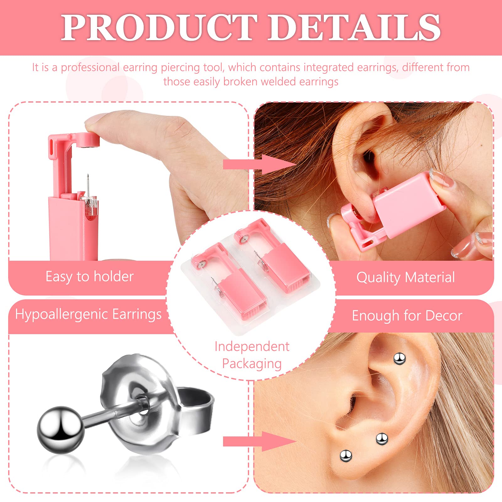 Honoson 6 Pieces Disposable Ear Piercing Gun Kit with Earrings - Self Ear Piercer for Men and Women, Portable Body Piercing Tools, Includes Studs (Pink, Bead Style)