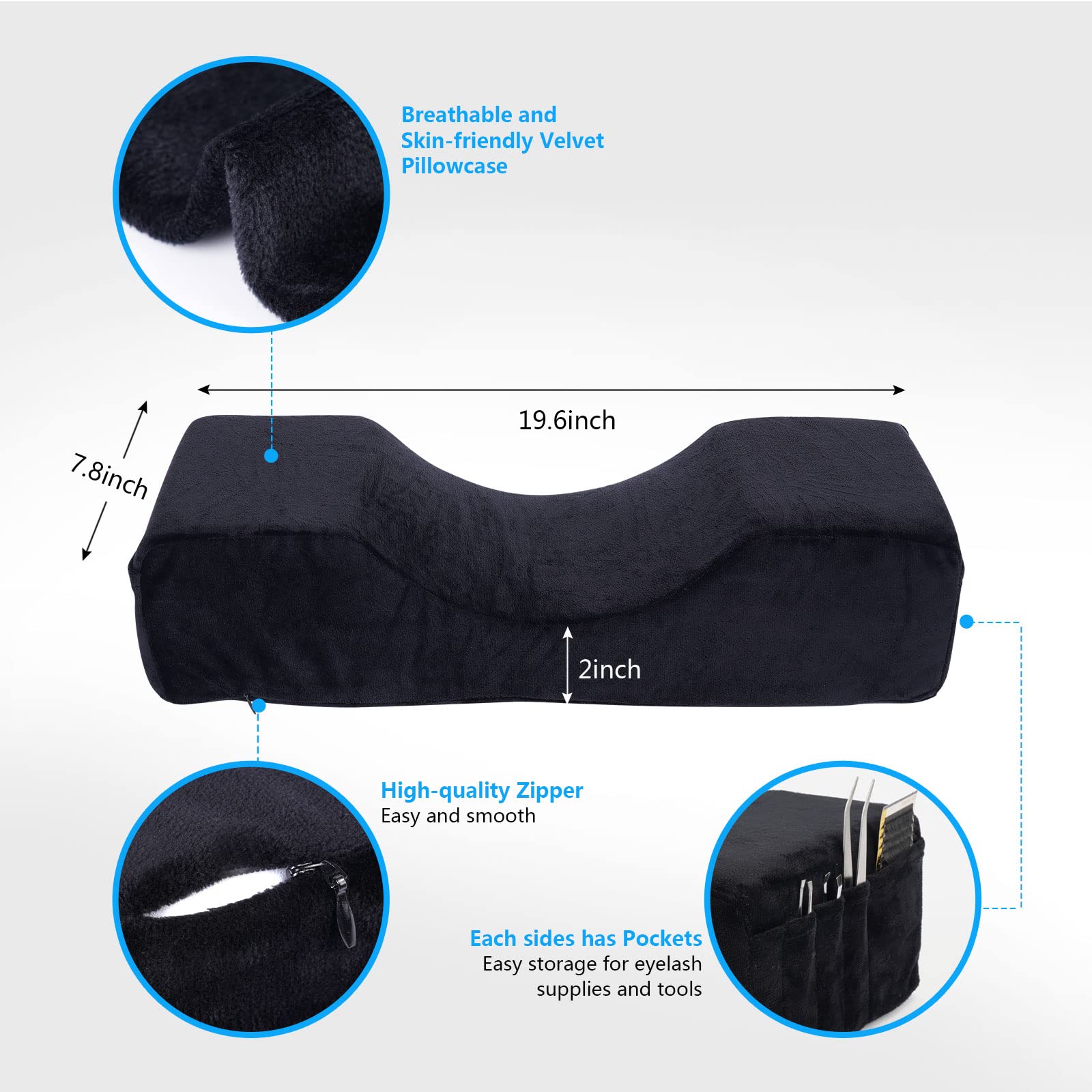 Eyelash Extension Neck Pillow With Acrylic Shelf Organizer Stand, Velvet Warm Lash Extension Grafting Pillow Makeup Tool Display Cabinet Shelves - Black Shelf + Black Pillow(Velvet Pillowcase Updated)