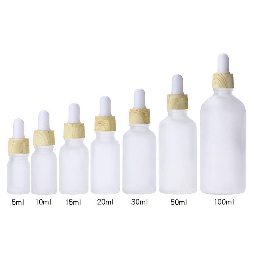 6Pcs 20ml Empty Refillable Translucent Frosted Glass Dropper Bottles Perfume Essential Oil Lotion Liquid Vials Container Sample Sub-bottles with Plastic Wood Grain Cap, 1 Funnel+1 3ml Transfer Dropper