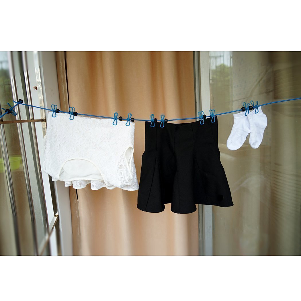 2 Pack 11 Feet Windproof Clothesline with 12 Blue Clips, Adjustable Clothes Line for Home, Travel and Outdoor Hanging Clothes