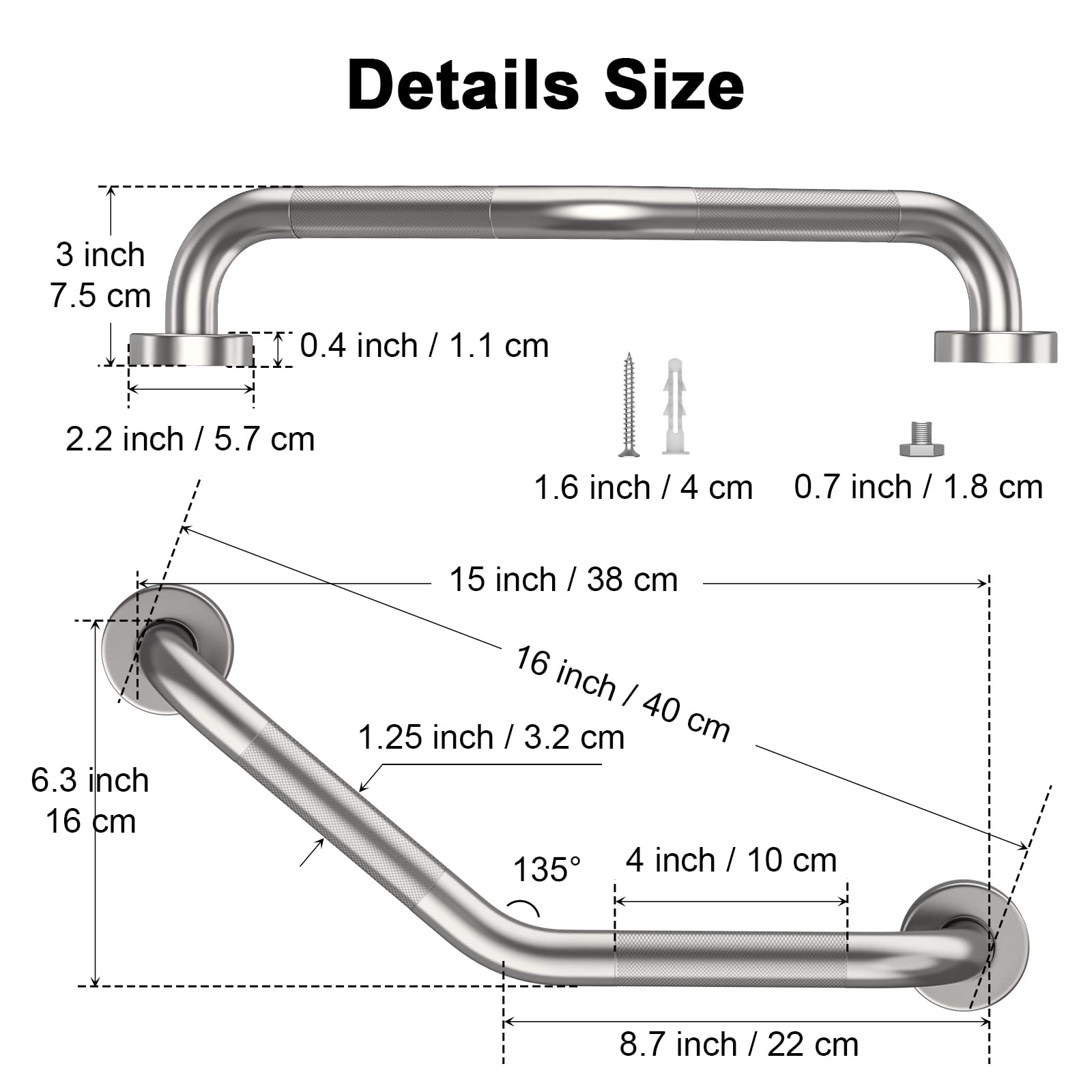 16 Inch Angled Shower Grab Bar, Munzong 2 Pack Anti Slip Satin Brushed Nickel Bathroom Grab Bar, Knurled Bathroom Balance Bar,Safety Hand Rail Support Handicap Elderly Injury Senior Assist Bath Handle