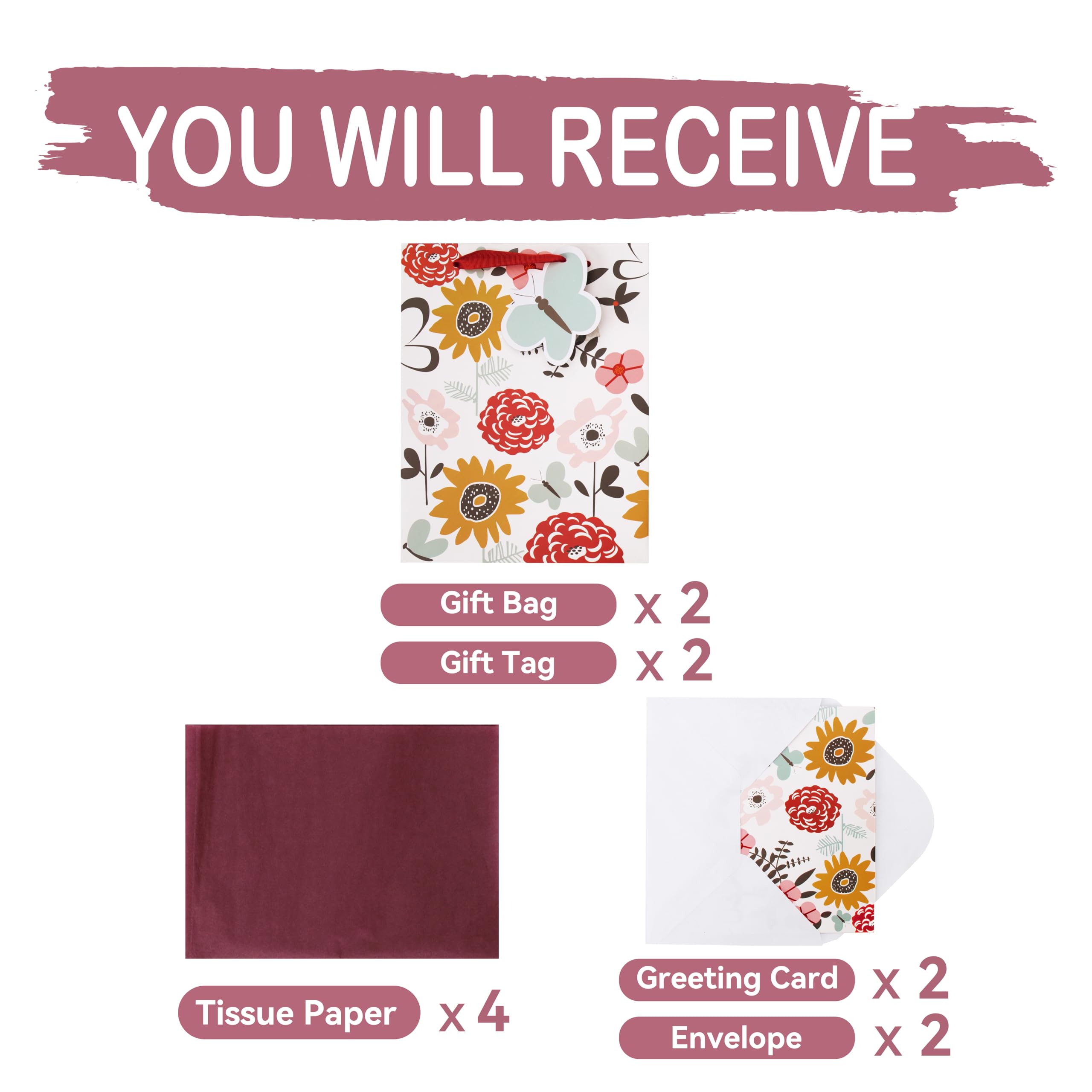 2 pack 10.6” Medium Gift Bag Set with Greeting Card and Tissue Paper (Flowers and Butterfly gift tag) for Birthdays, Bridal Showers, Children's Day, Weddings, Easter, Mother's Day- 10.6” x 8.3” x 4.3”,2 Pcs